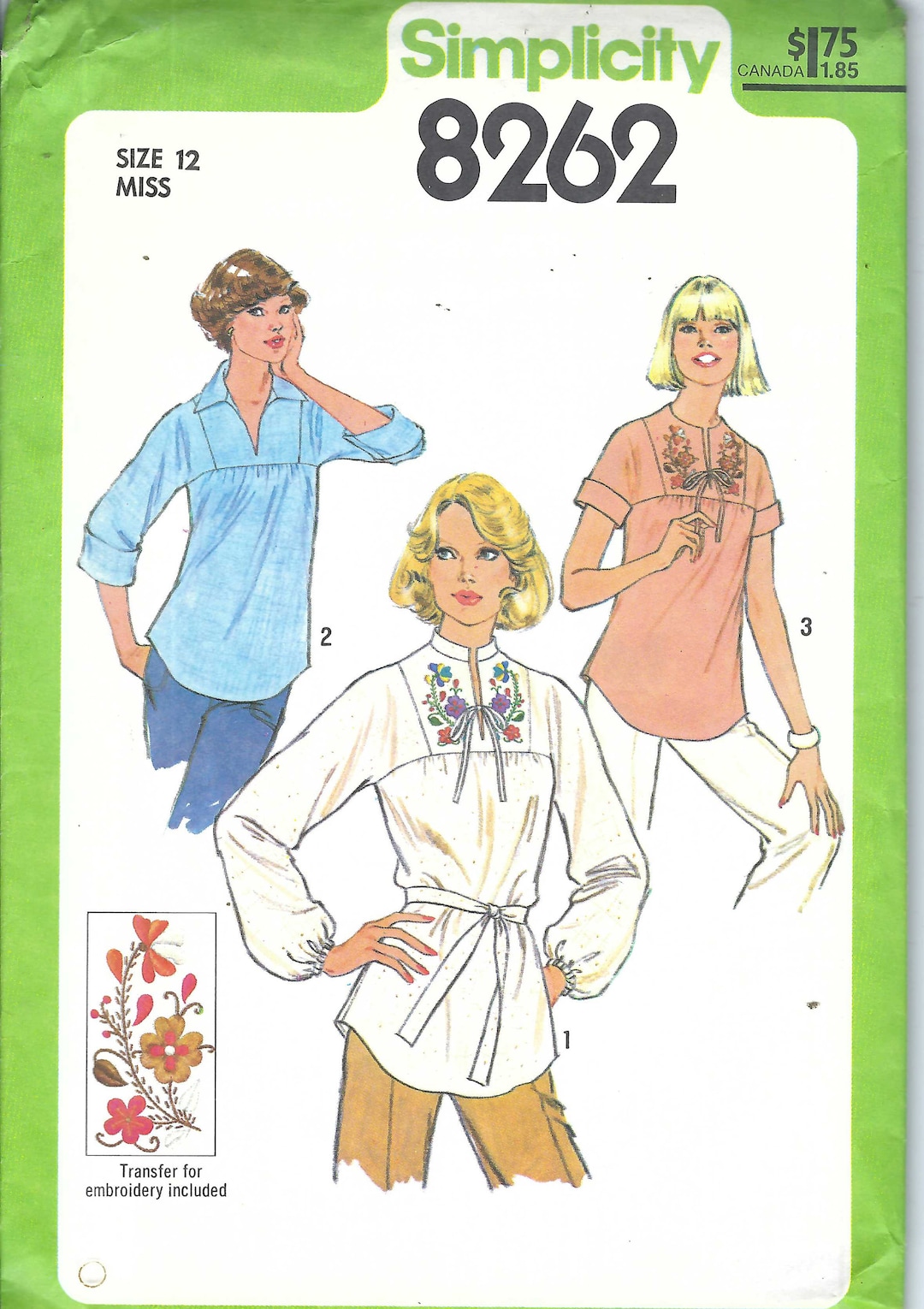 Uncut Vintage Simplicity Pattern 8262 Pullover Blouse With Embroidery ...