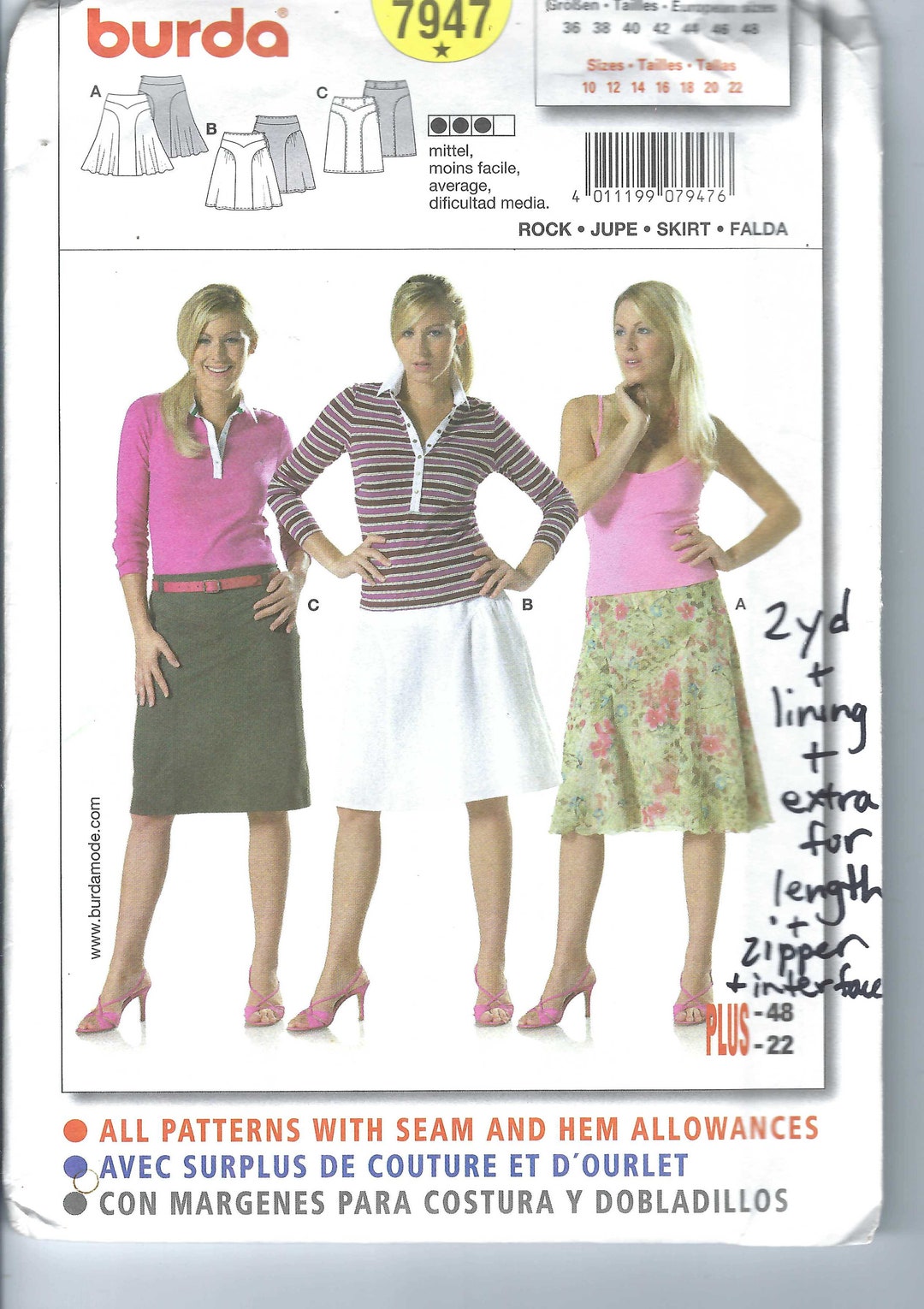 Uncut Vintage Burda Sewing Pattern 7947 Skirt, Jupe, Skirt, Falda ...