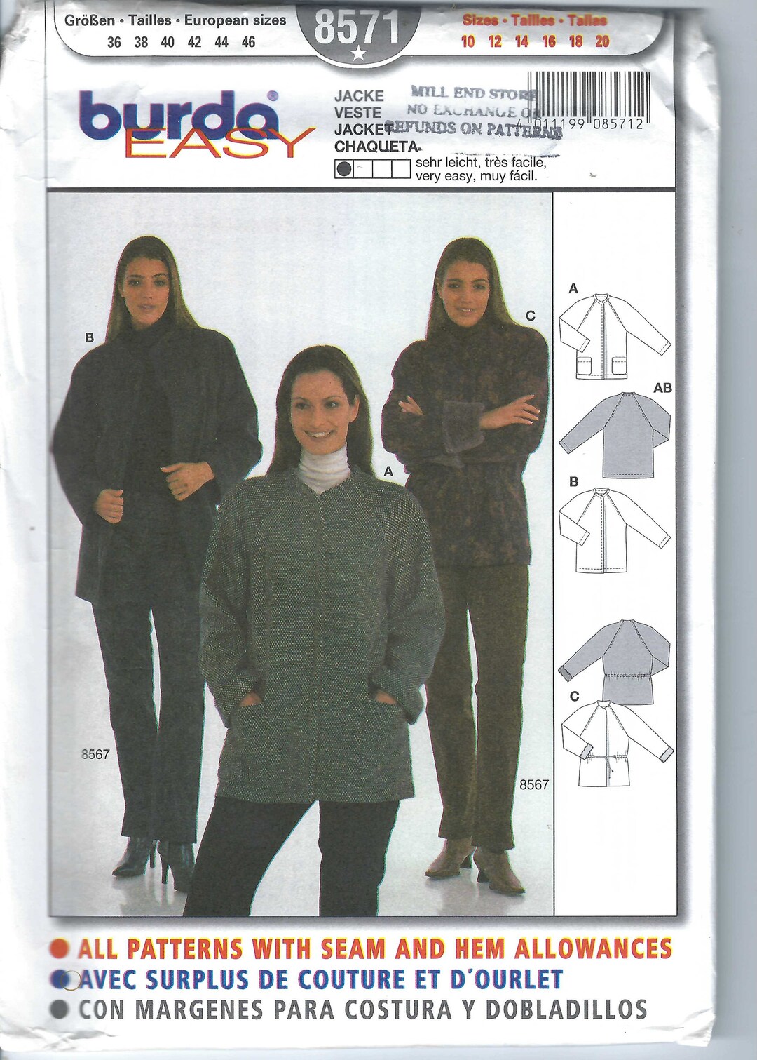 Uncut Burda Style Sewing Pattern Easy Jacket Pattern 8571, Sizes 10-20 ...