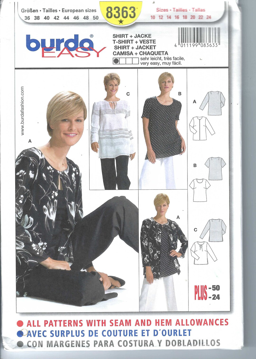 Uncut Burda Sewing Pattern Top Pattern 8363 Sizes 10-12-14-16-18-20-22 ...