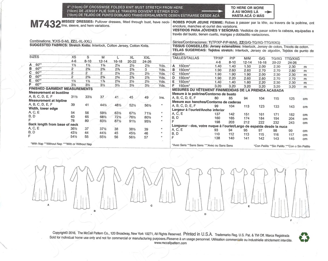 Uncut Mccalls Sewing Pattern 7432 Knit Dresses V Crew Scoop | Etsy
