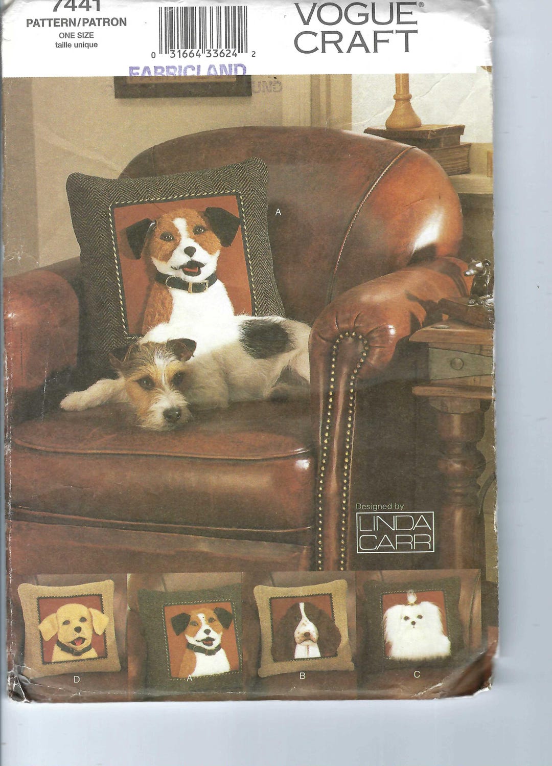 Uncut Vogue Sewing Pattern 7441 DOG Portrait Sofa Pillows Four Breeds ...