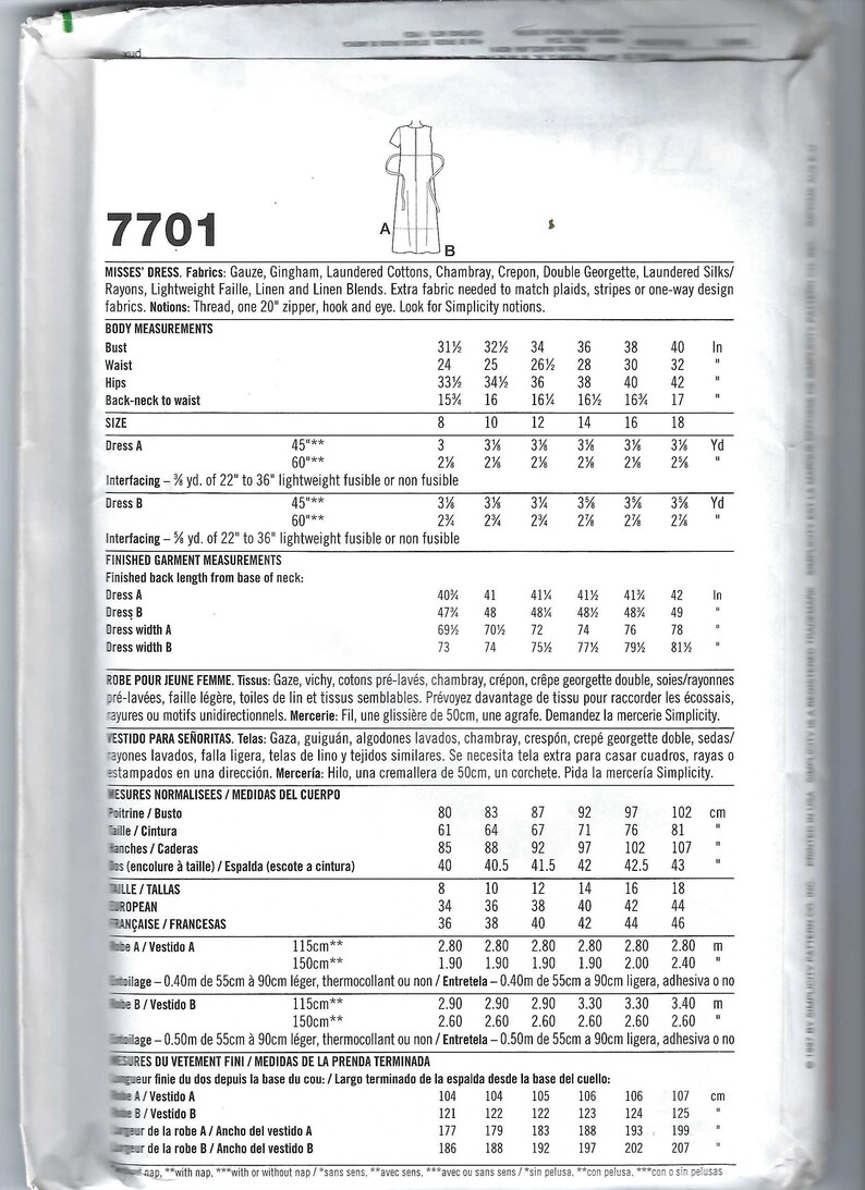 Uncut Vintage Simplicity Sewing Pattern 7701 Misses Dress Size 8-18 FF ...