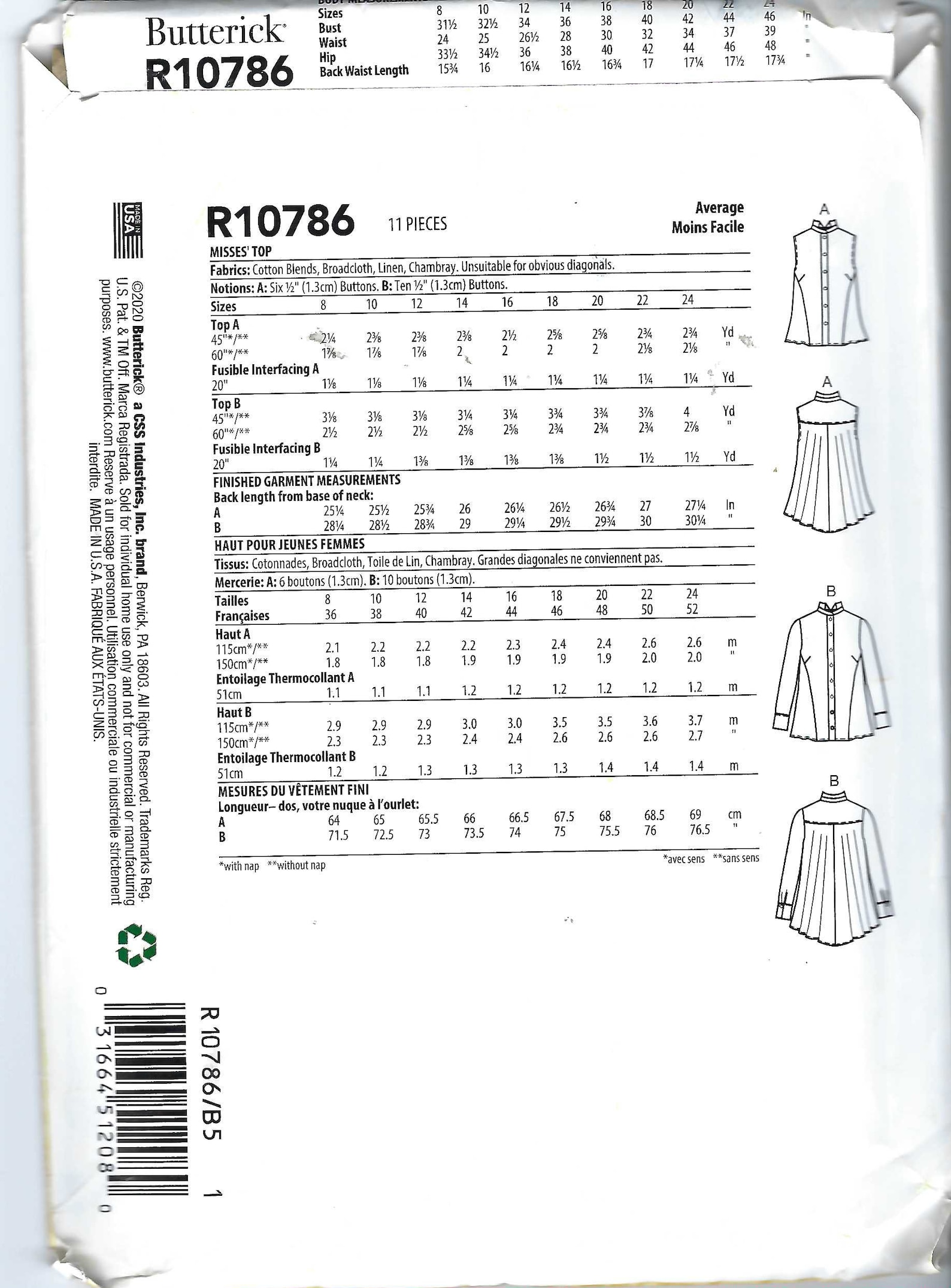 Butterick Sewing Pattern 10786 6792 Misses' Top Size 8-16 - Etsy