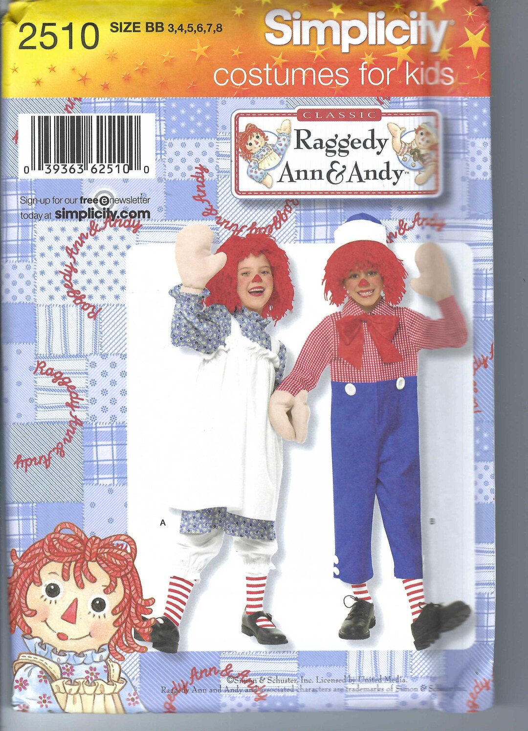 Uncut Simplicity Sewing Pattern 2510 Raggedy Ann and Andy Costumes ...