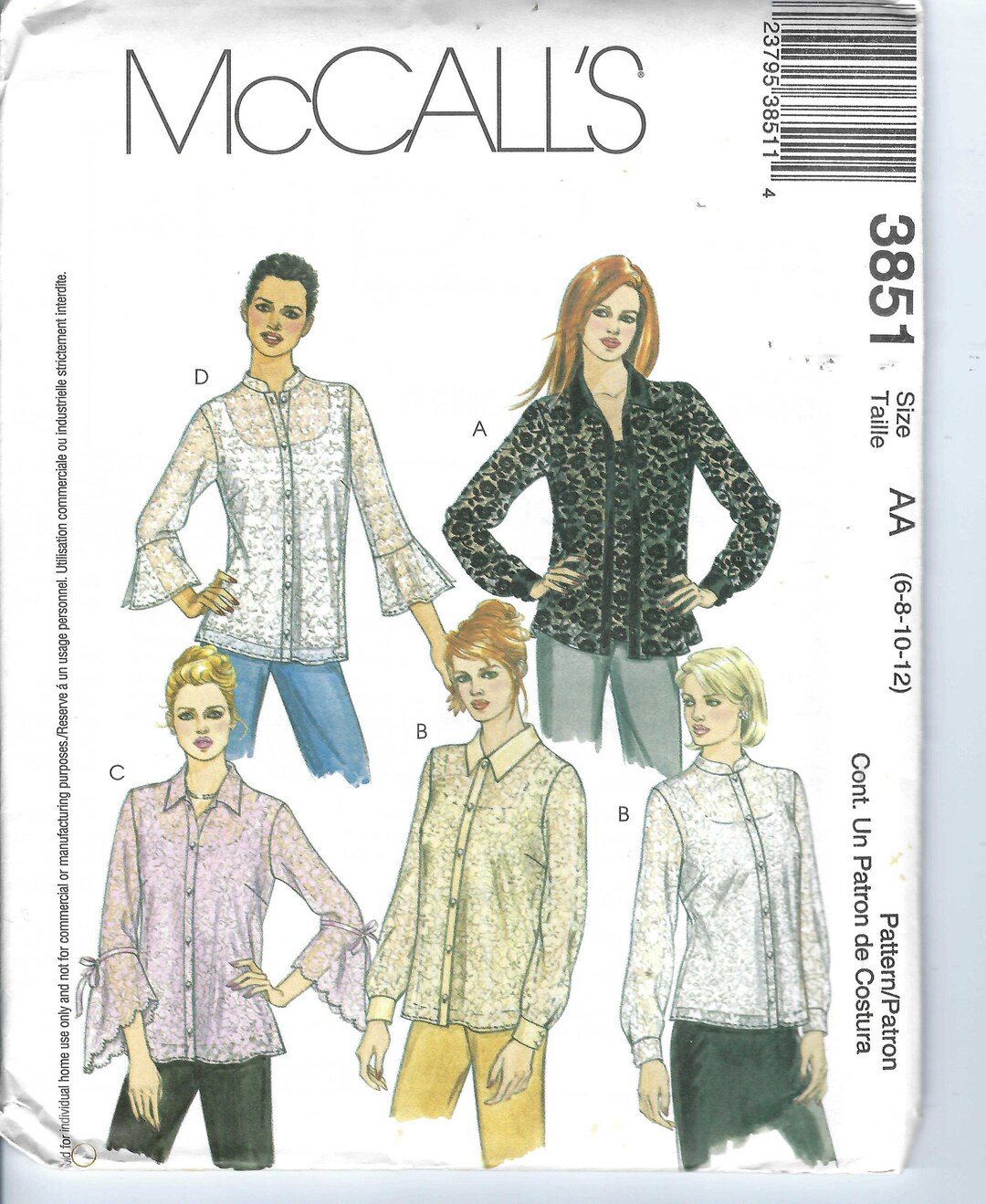Uncut Mccalls Sew Sewing Pattern 3851 Mccalls Misses' Shirts and ...