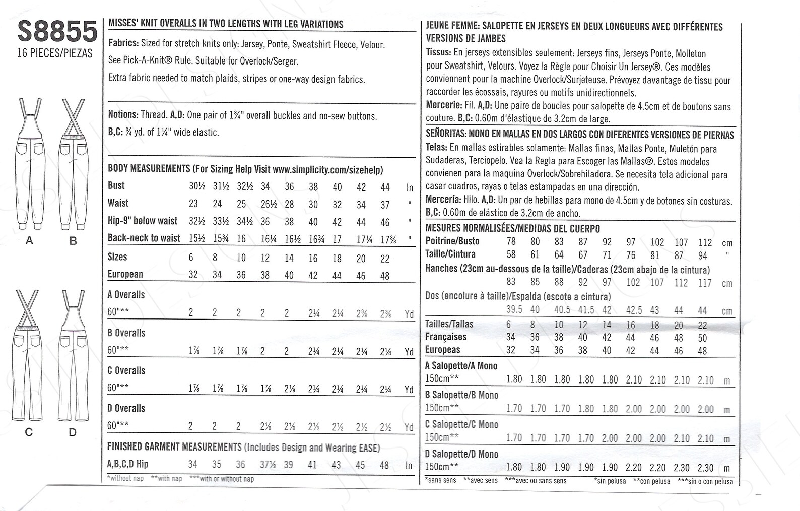 Uncut Simplicity Sewing Pattern 8855 the Knit Overall Misses Knit ...