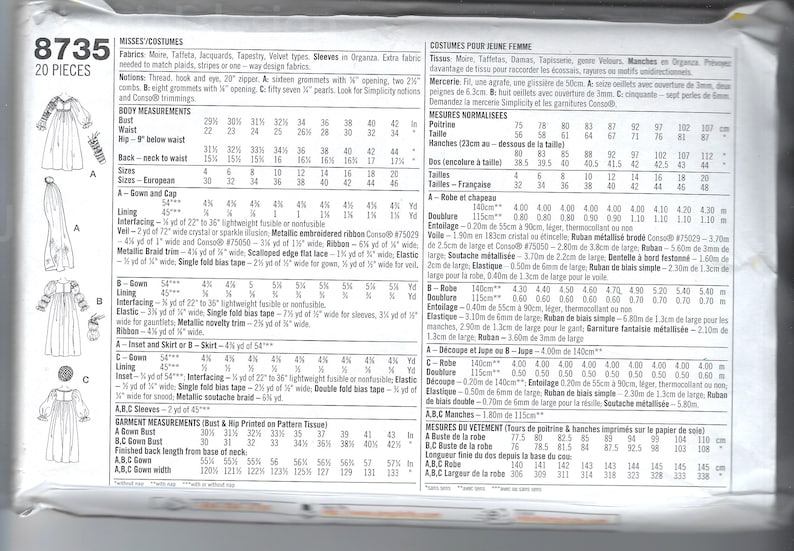 Rare Uncut Simplicity Sewing Pattern 8735 657 Renaissance by Andrea ...