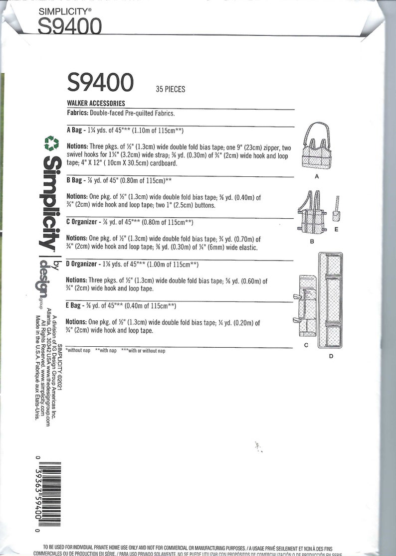 UNCUT Simplicity Sewing Pattern 9400 Walker Accessories Bag - Etsy