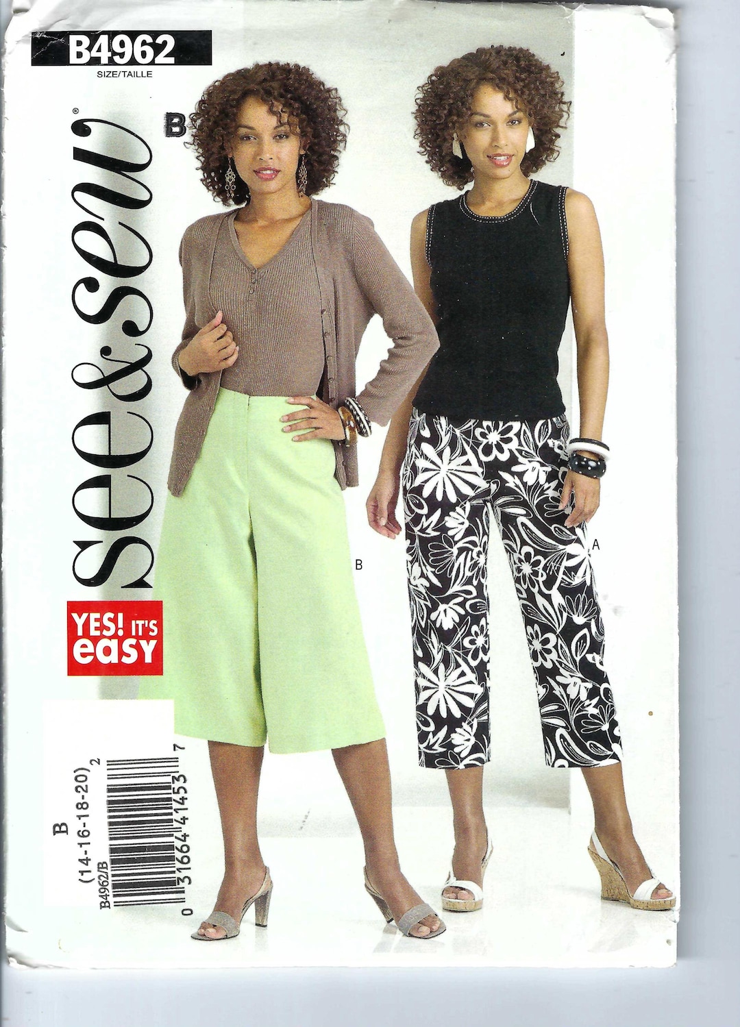 Uncut Butterick Sewing Pattern 4962 Capri Pants & Gaucho Pants Sz 14,16 ...