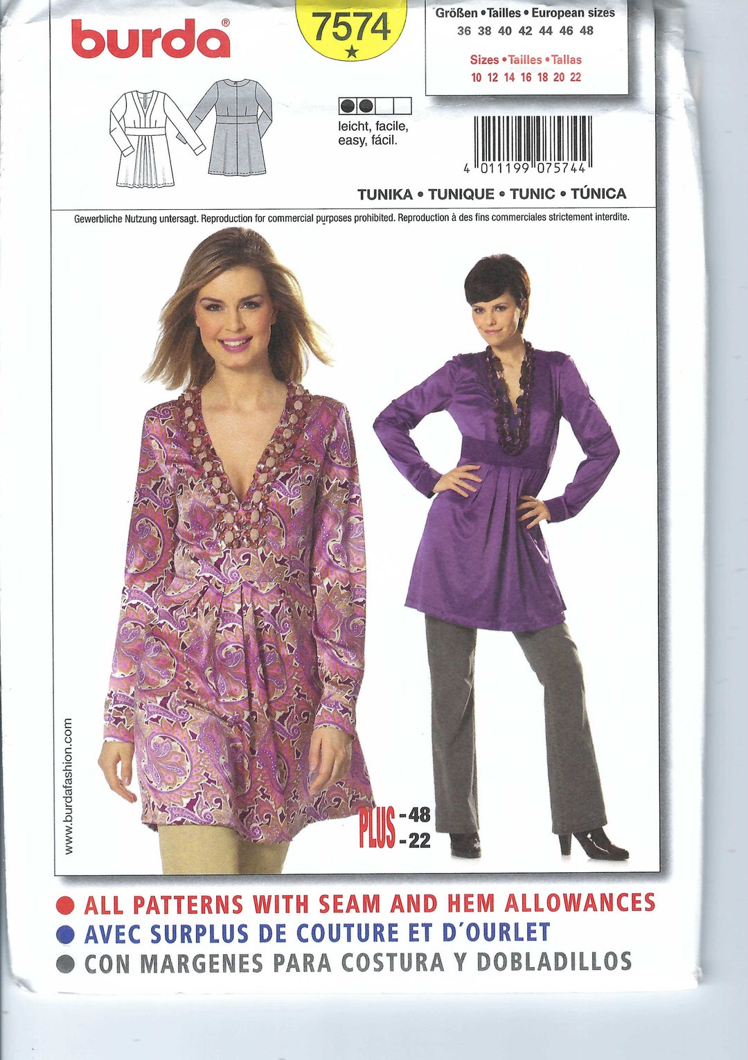 Uncut Burda Sewing Pattern Misses Long Sleeve V Nect Tunic With Raised ...
