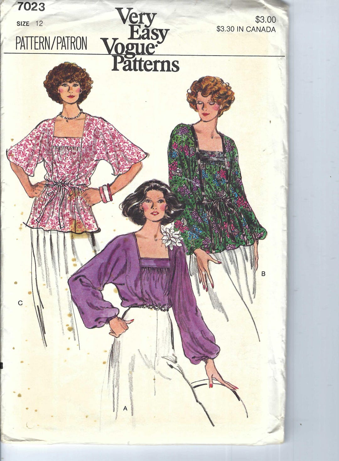 Uncut Vintage Vogue Sewing Pattern Shirt Top Blouse Flowy 12 VOGUE 7023 ...