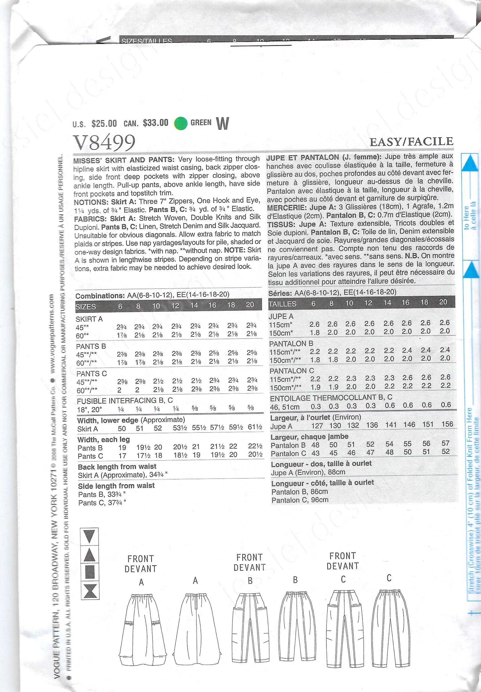 Uncut Vogue Sewing Pattern 8499 Misses Skirt & Pants Size 6-12 - Etsy