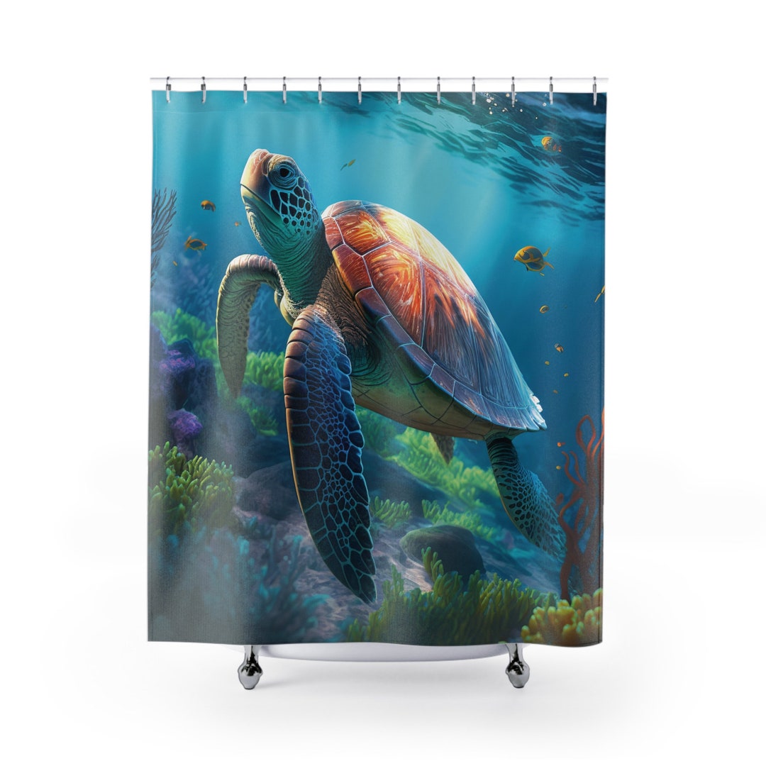 Turtle Swimming Over Ocean Reef Themed Shower Curtain From Our Adorable ...