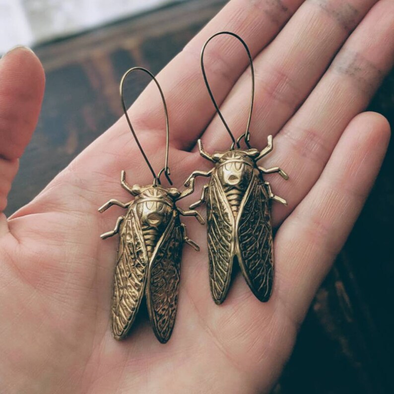 Cicada Earrings Golden Brass Bugs | Etsy