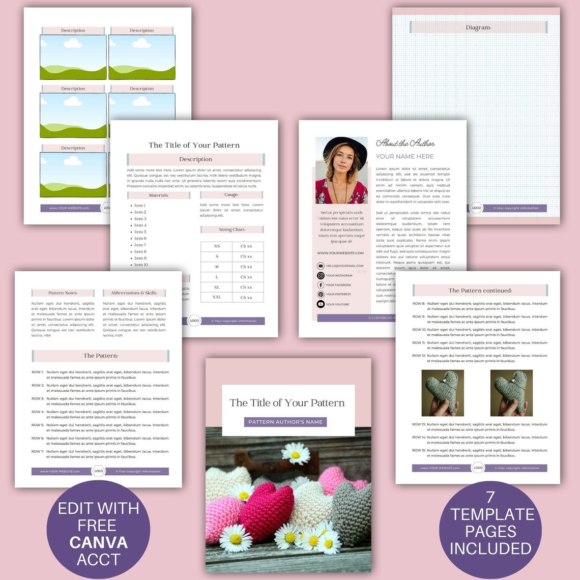 Crochet Pattern Template Editable Canva Planner for Crochet Designers Crocheted Design Tools to ...