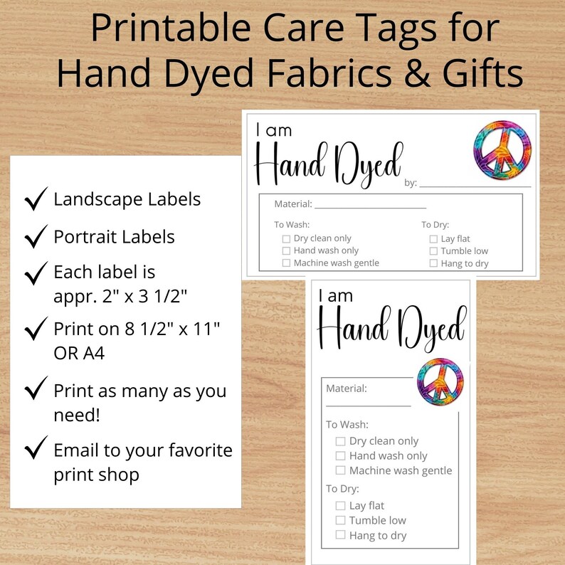 Laundry Care Tags for HAND DYED Fabrics and Gifts. Printable Fabric ...