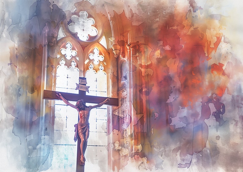 Jesus Christ Crucifix Watercolor Art Print, Religious Wall Decor ...