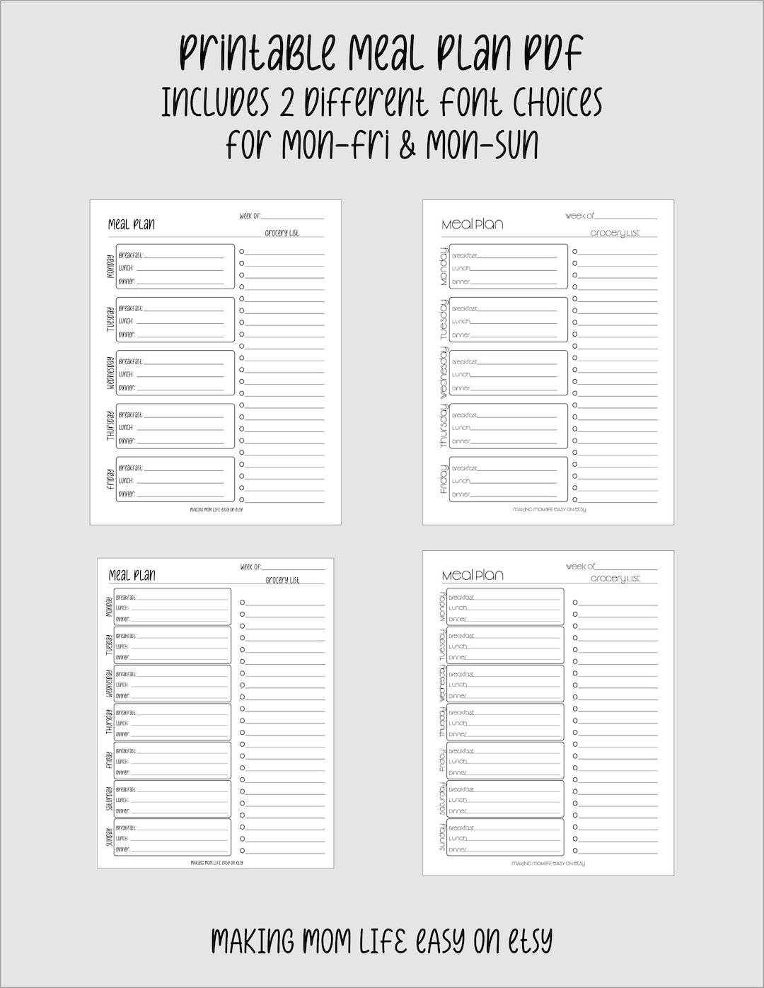 Weekly Meal Plan Template | Printable PDF Instant Download | 2 Font ...