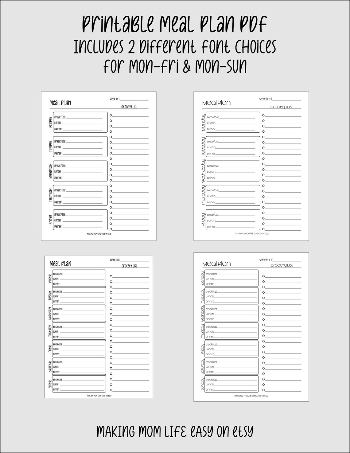 Weekly Meal Plan Template | Printable PDF Instant Download | 2 Font ...