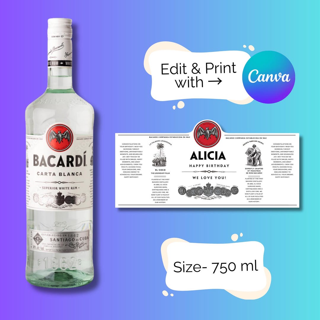 Personalized Bacardi Rum Label Canva Template | Custom Bottle Label ...