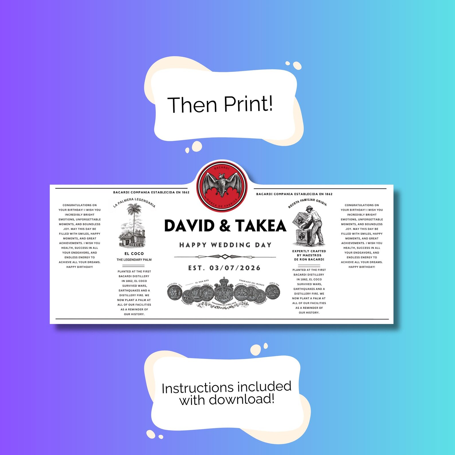 Personalized Bacardi Rum Label Canva Template | Custom Bottle Label ...