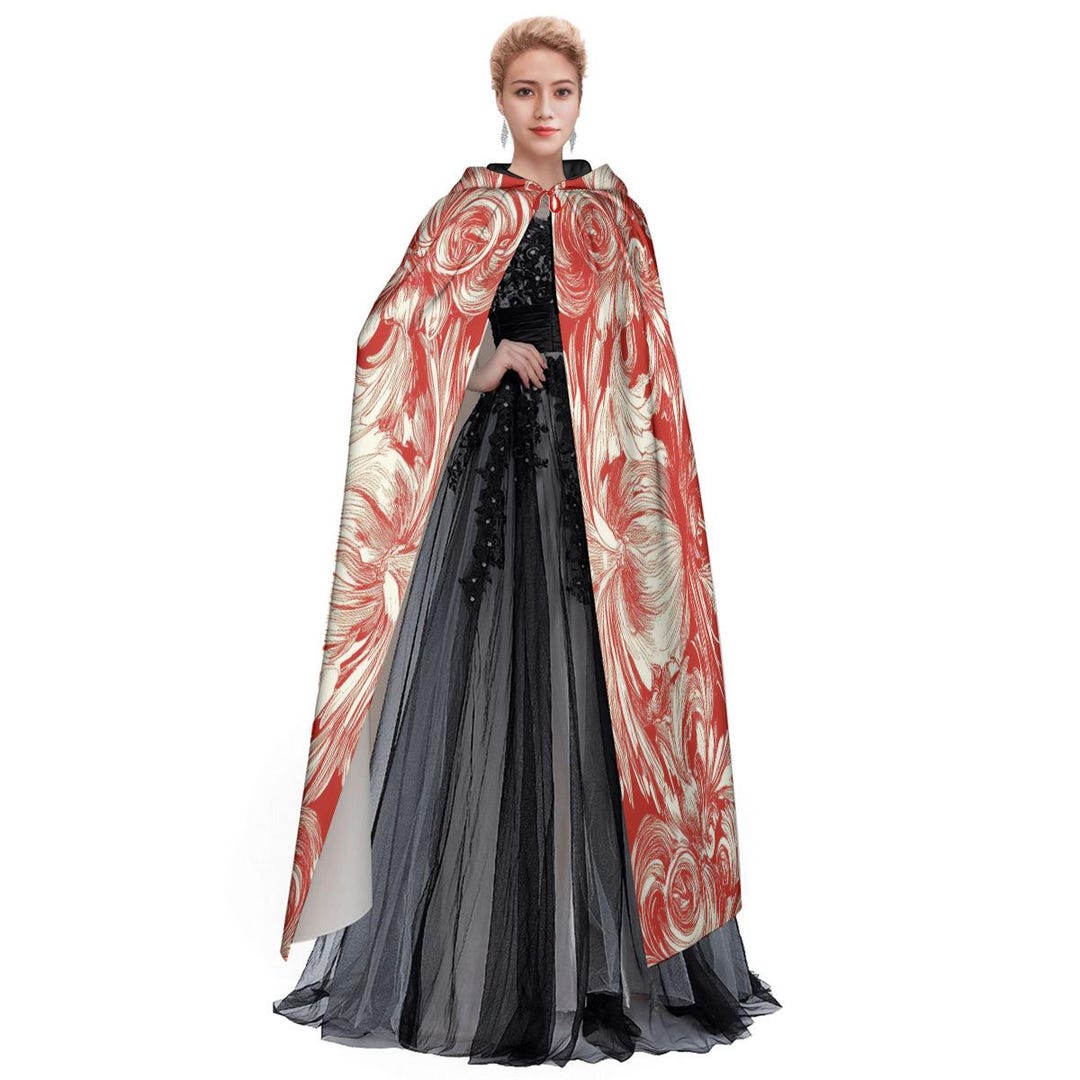 Victorian Luxury Hooded Cape - Red & White Baroque Floral Cloak ...