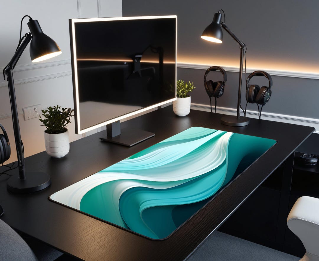 Teal White Wave Desk Mat, Desk Decor, Trendy Workspace Essential, Mouse ...