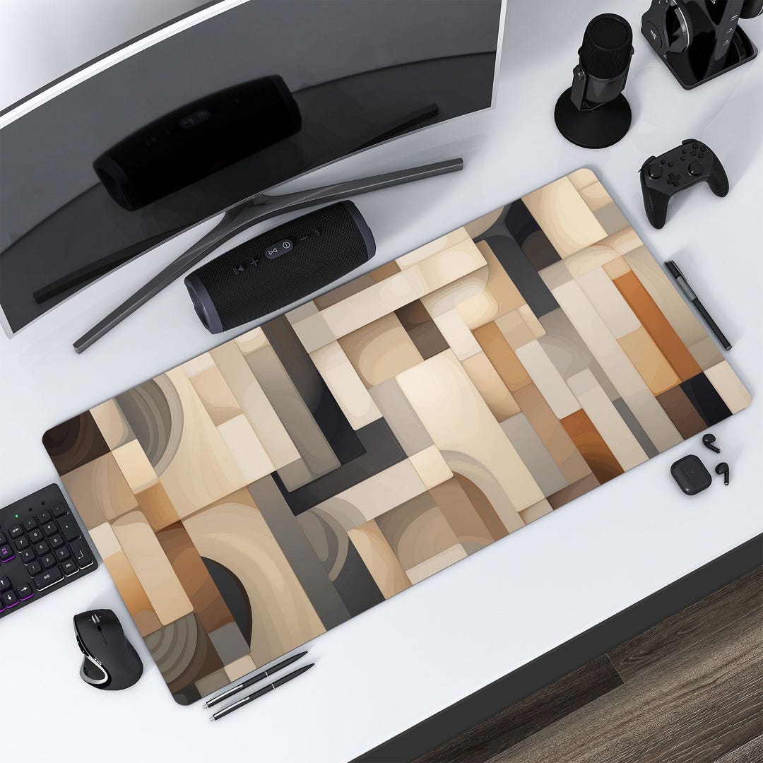 Neutral Tones Cubist Style Desk Mat, Workspace Accessory, XL Deskmat ...