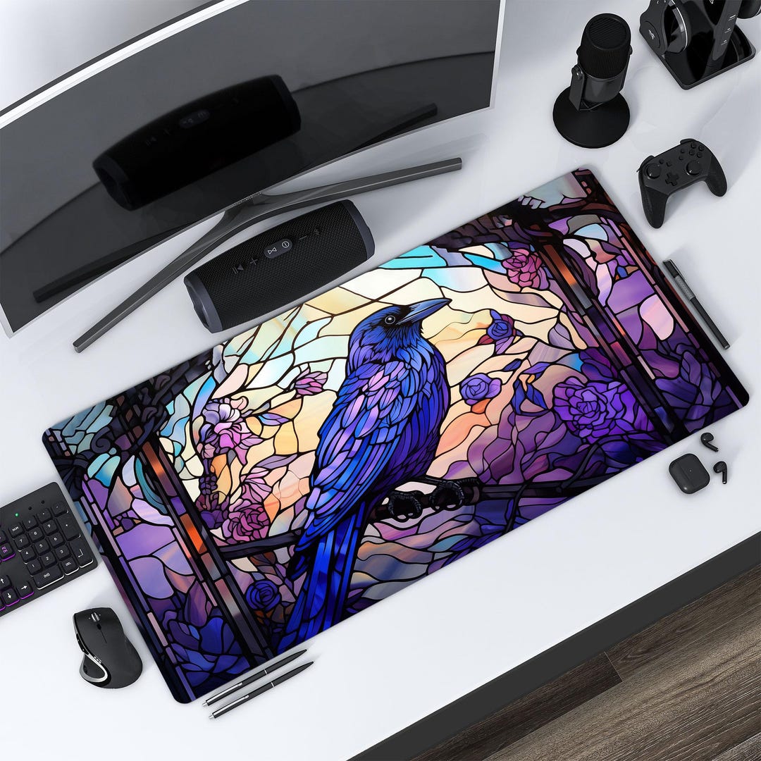 Raven Desk Mat, Stained Glass Effect Workspace Accessory, XL Deskmat ...