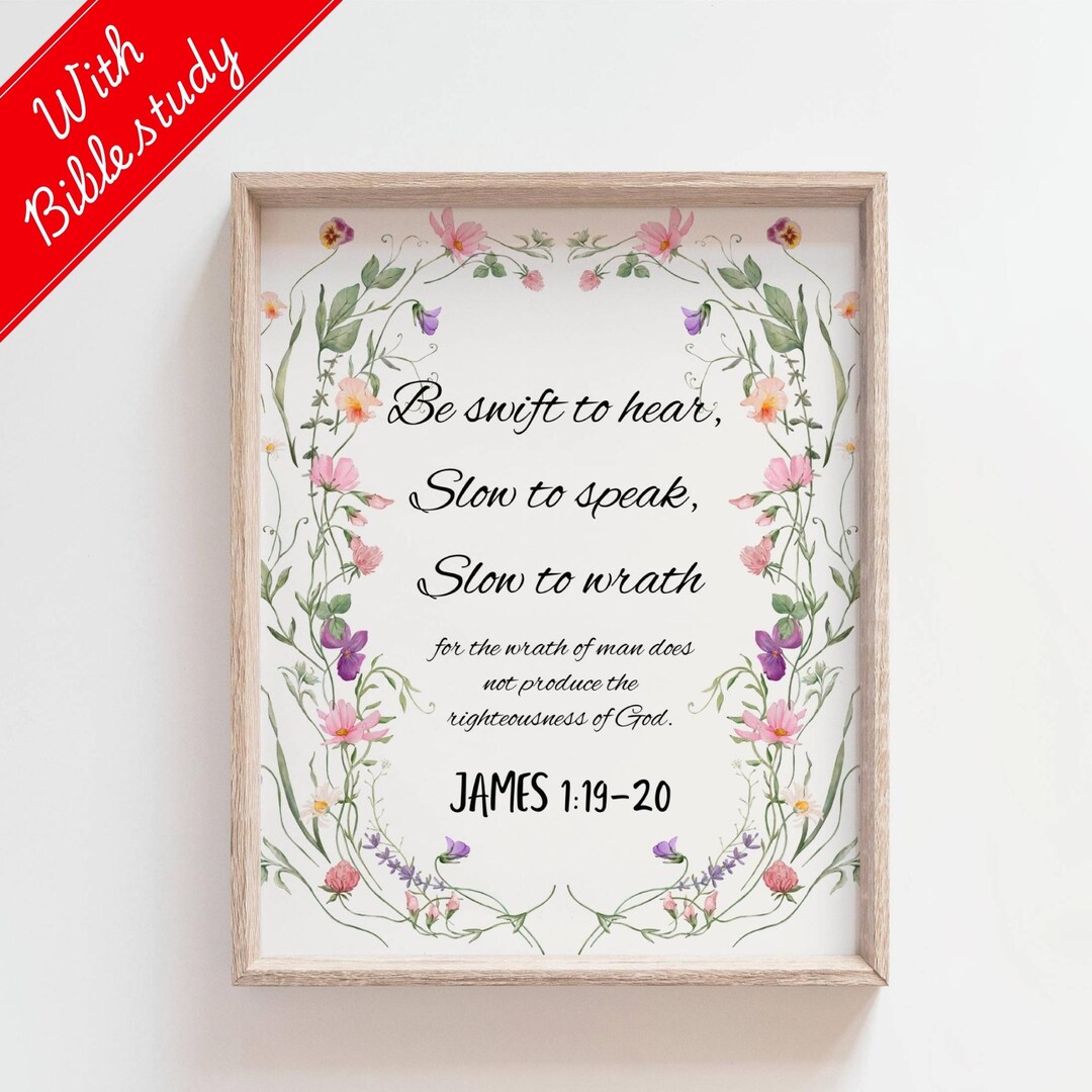 Watercolor Floral Wildflower Bible Verse Wall Art, James 1:19-20, Hear ...