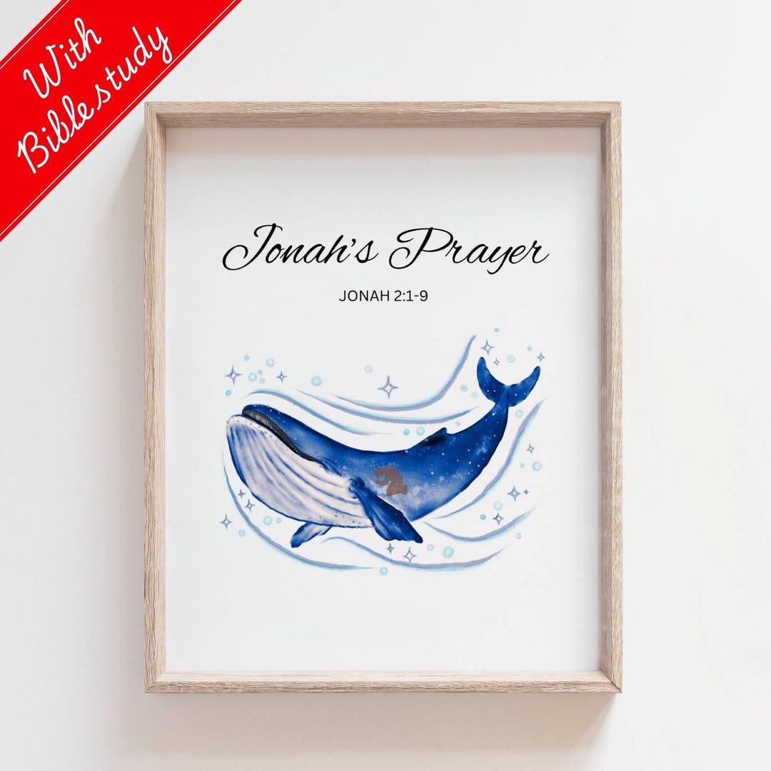 Jonah 2:1-9 Bible Verse Wall Art, Blue Whale Scripture Digital Print ...