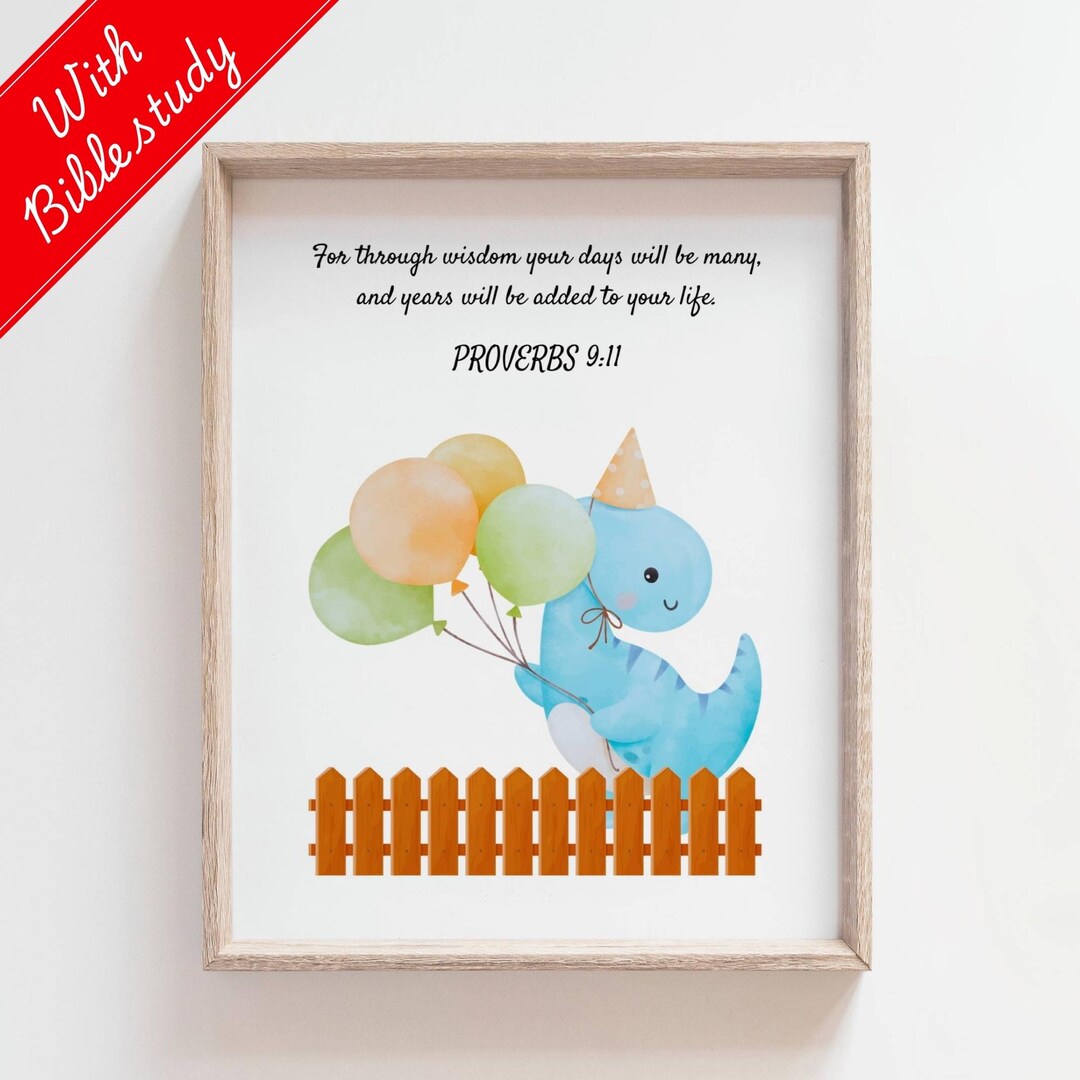 Proverbs 9:11 Cute Dinosaur Nursery Bible Verse Digital Print,birthday ...