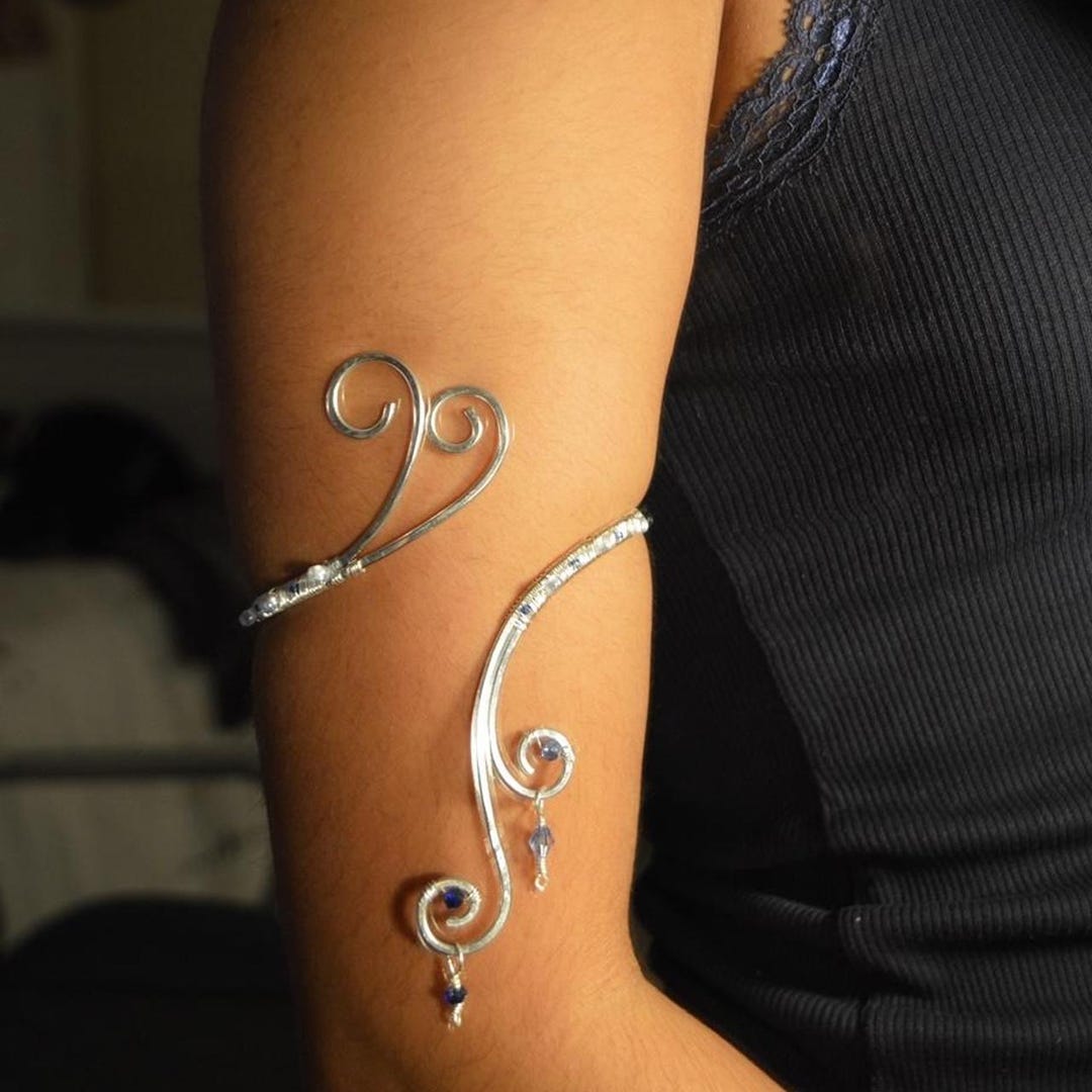 Silver Swirl Arm Cuff Bracelet With Blue Bead Dangles | Handmade ...