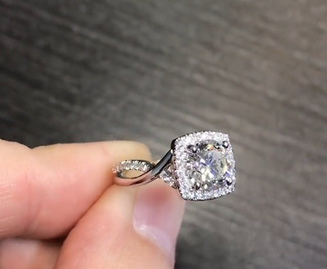 Twisted Shank Engagement Ring Cushion Round Cut Moissanite Ring Wedding Anniversary Gift For Wife 14K White Gold Halo Proposal Ring