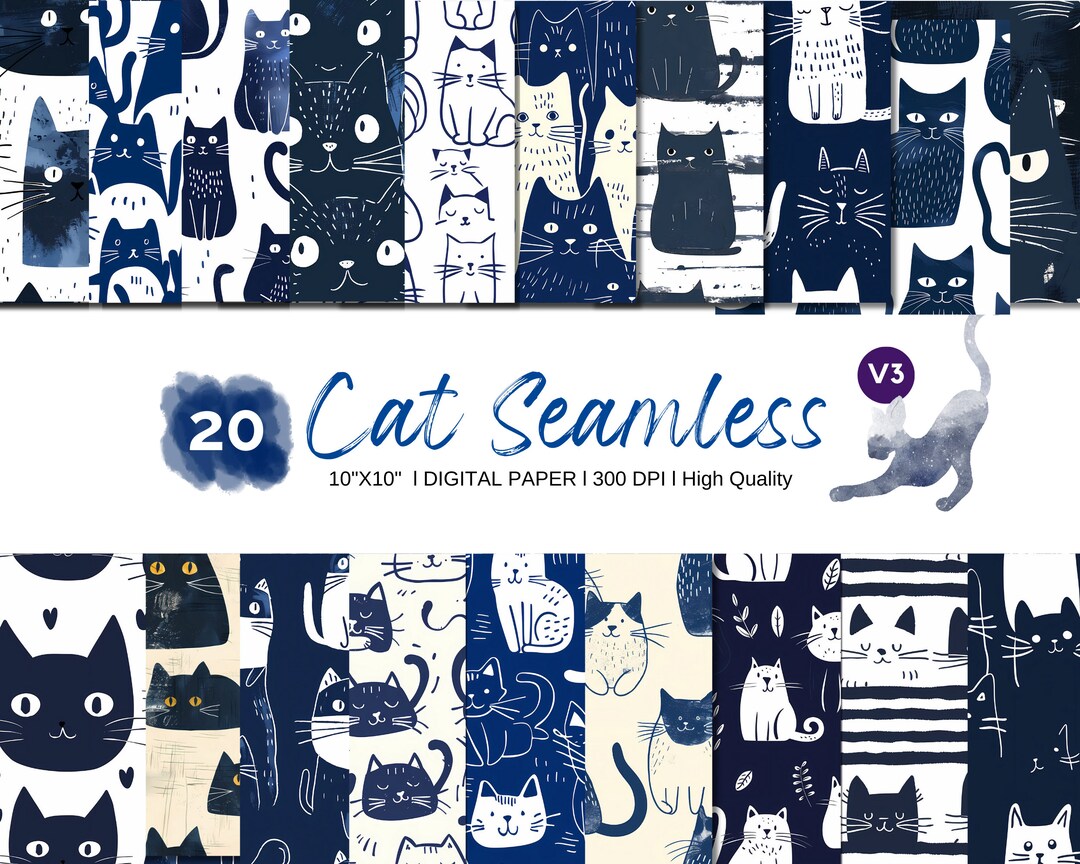 Cute Cats Digital Paper L Navy Blue Cat Seamless Pattern | Kitty ...