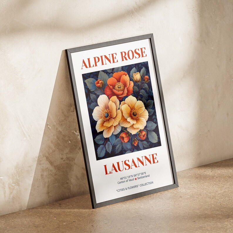 Switzerland Lausanne Poster Alpine Rose Flowers Digital Print. Contemporary Floral Wall Art ...