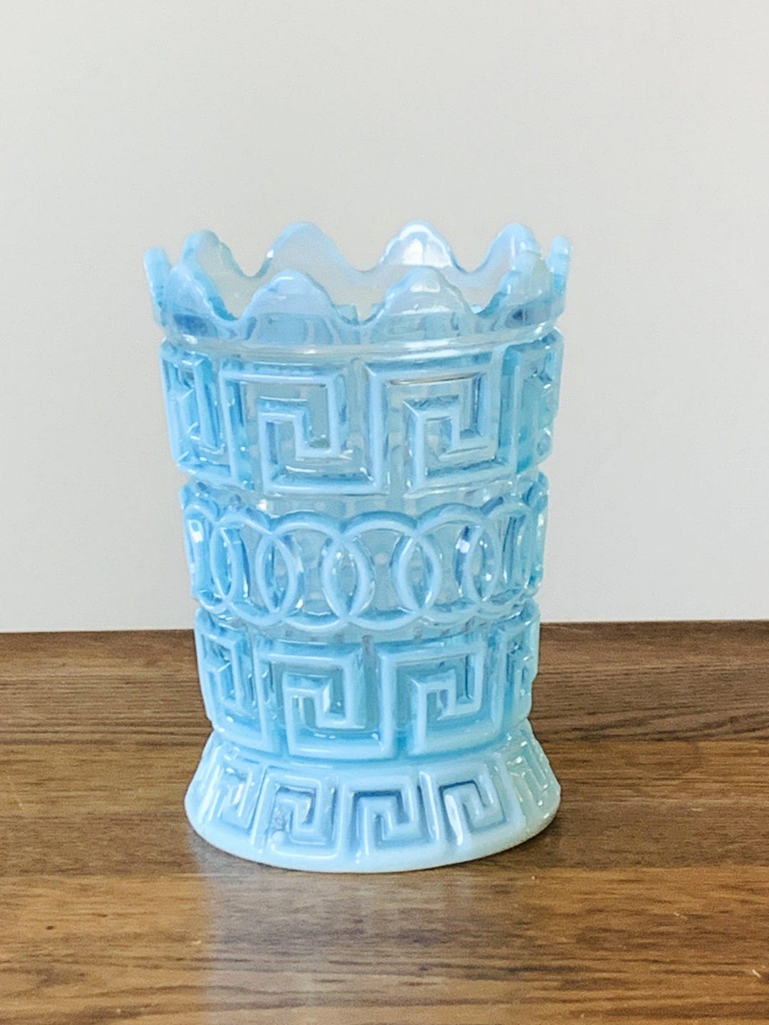 Nickel Plate Glass Co Double Greek Key BLUE Opalescent Glass Spooner ...