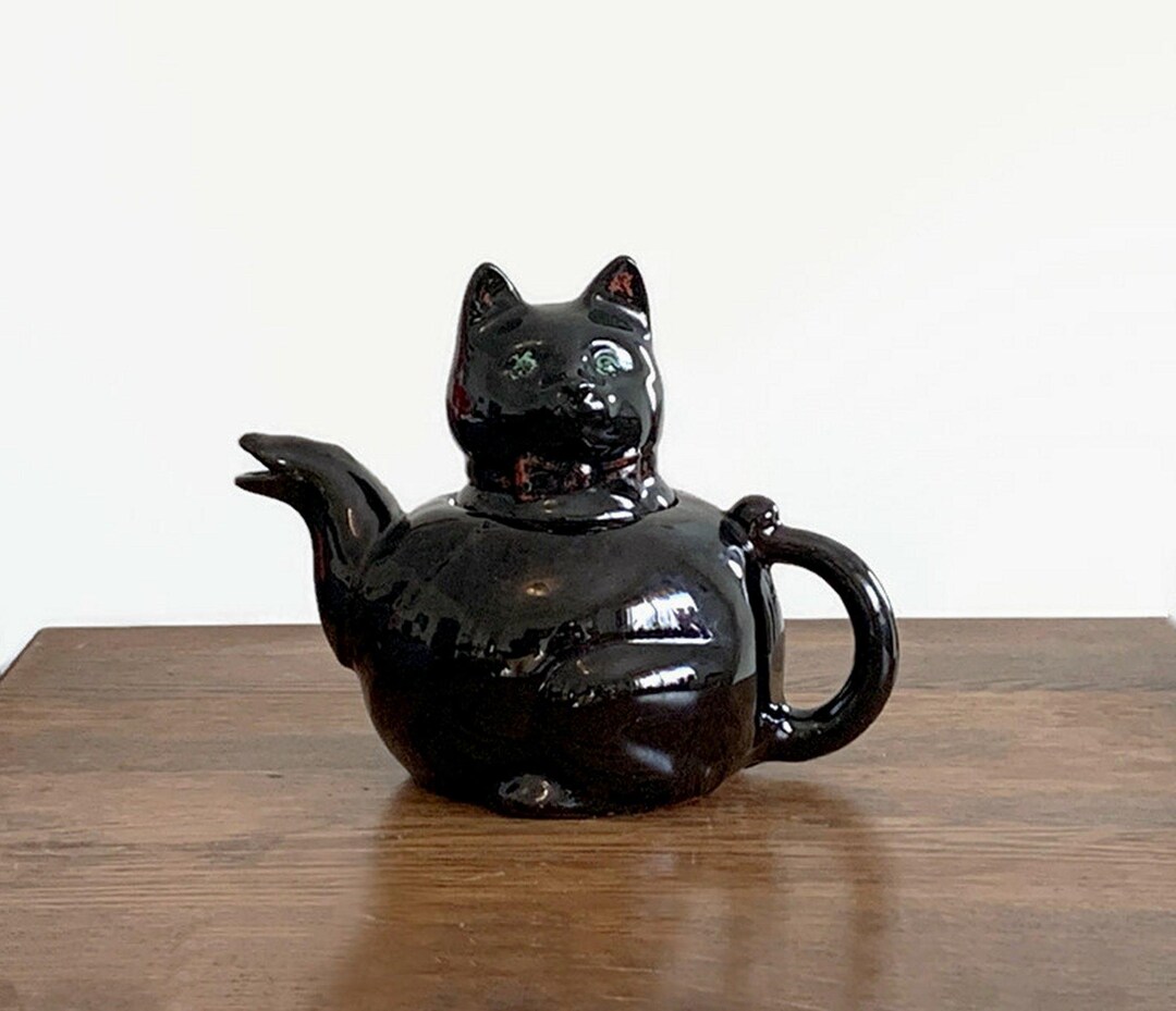 Shafford Redware Pottery Black Cat Teapot, Vintage 1950's Figural Tea ...