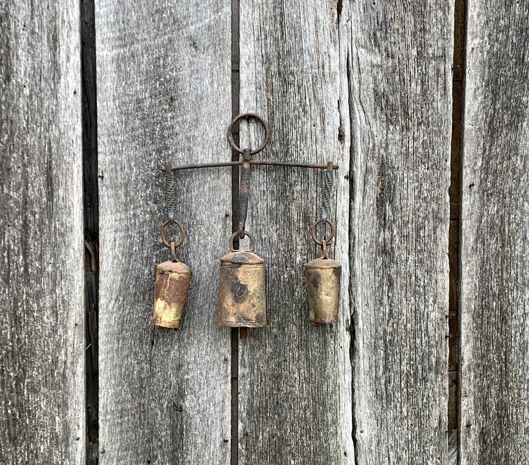 Antique Forged Iron Triple Cowbell Wind Chime, 3 Primitive Rusty Metal ...