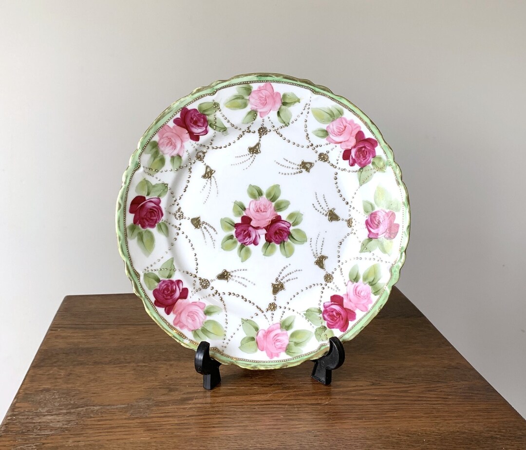 Nippon Dinner Plate Handpainted Pink & Red Roses, 10" Dish, Gold ...