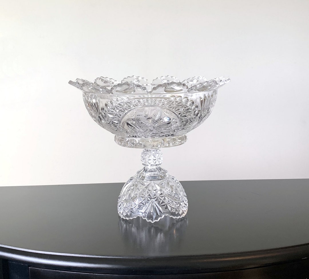 Hofbauer Crystal Byrdes Round Compote 1985, Large Press Cut Glass Birds ...