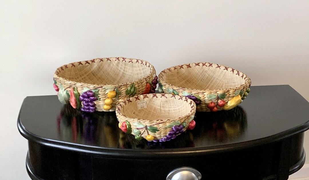 Woven Raffia Straw Fruits Nesting Baskets, Set of 3, Round & Lined ...