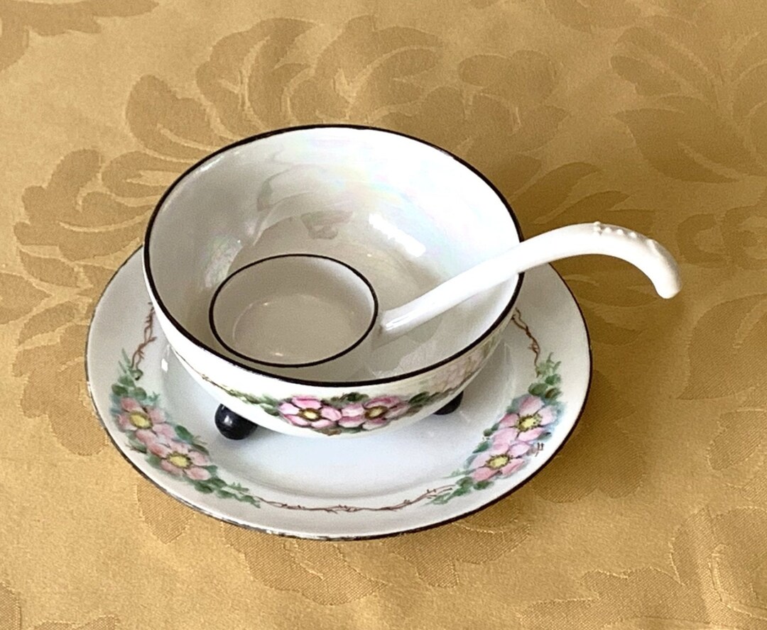 Vintage Iridescent Mayonnaise Set W/ Handpainted Pink Flowers, 3 Pc ...