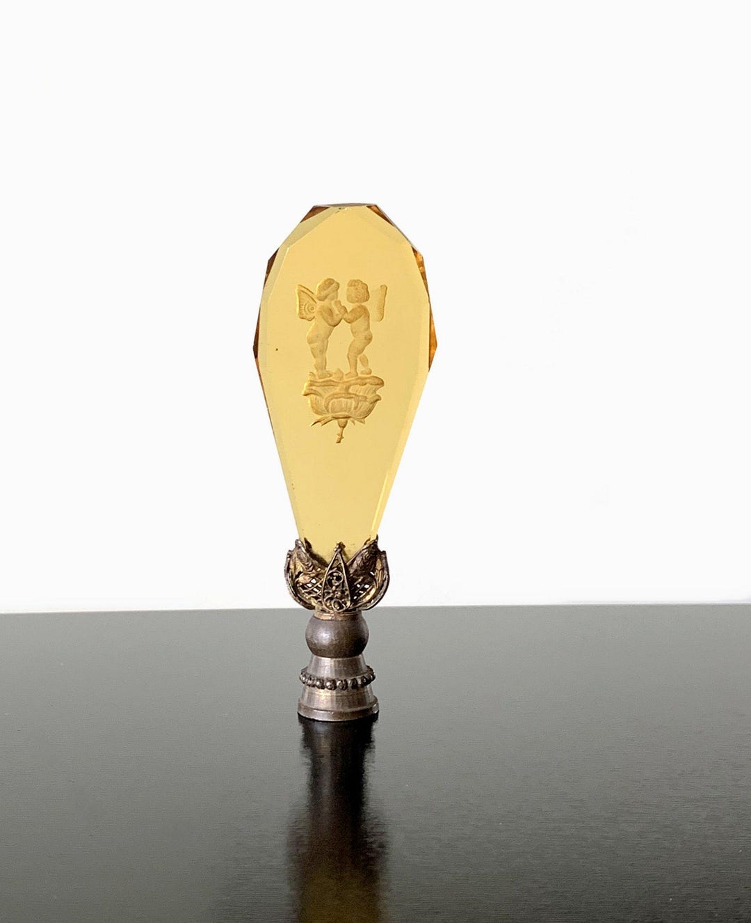 Vintage Czech Amber Glass & Brass Lamp Finial, Intaglio Cherubs, Rose ...