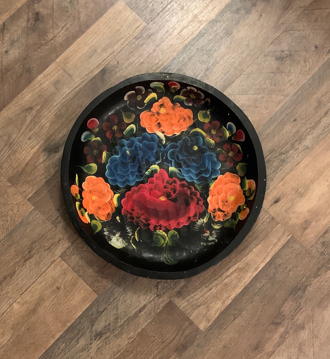 Mexican Batea Tole Painted Carved Wood Bowl, 15" Round - Etsy