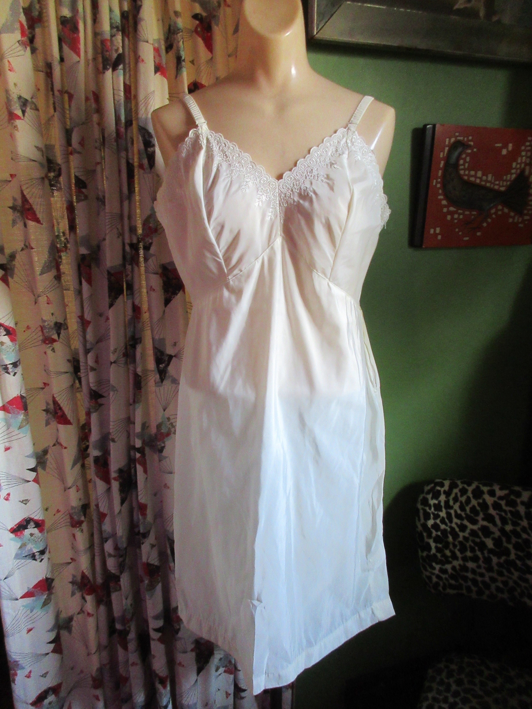Vintage White Acetate Full Slip SEARS 38 Regular Inch Bust Embroidered Bustline Fitted Pin up ...