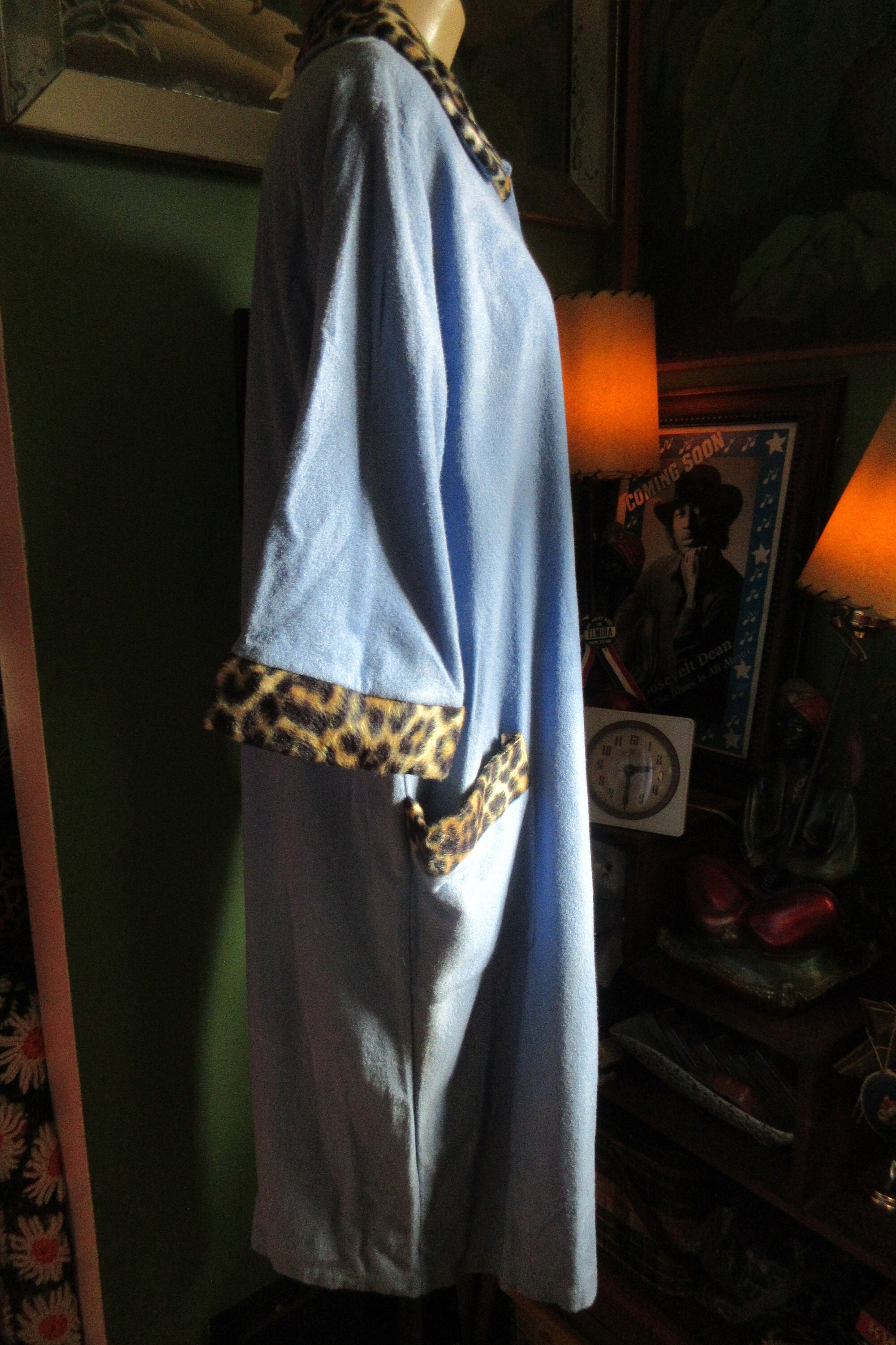 Large 1950s Vintage Blue Robe With Lopard Trim Collar Cuffs and Buttons ...