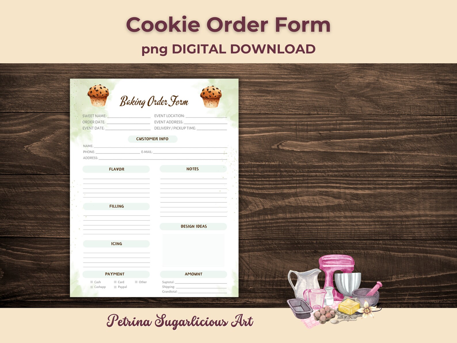 Cookie and Baking Order Form, Printable Cake Order Template, Digital ...