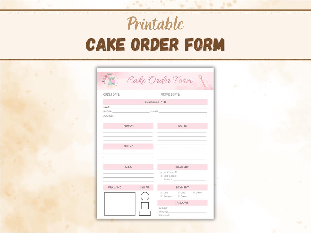 Printable Cake Order Form, Blank Digital Download Cake Order Form ...
